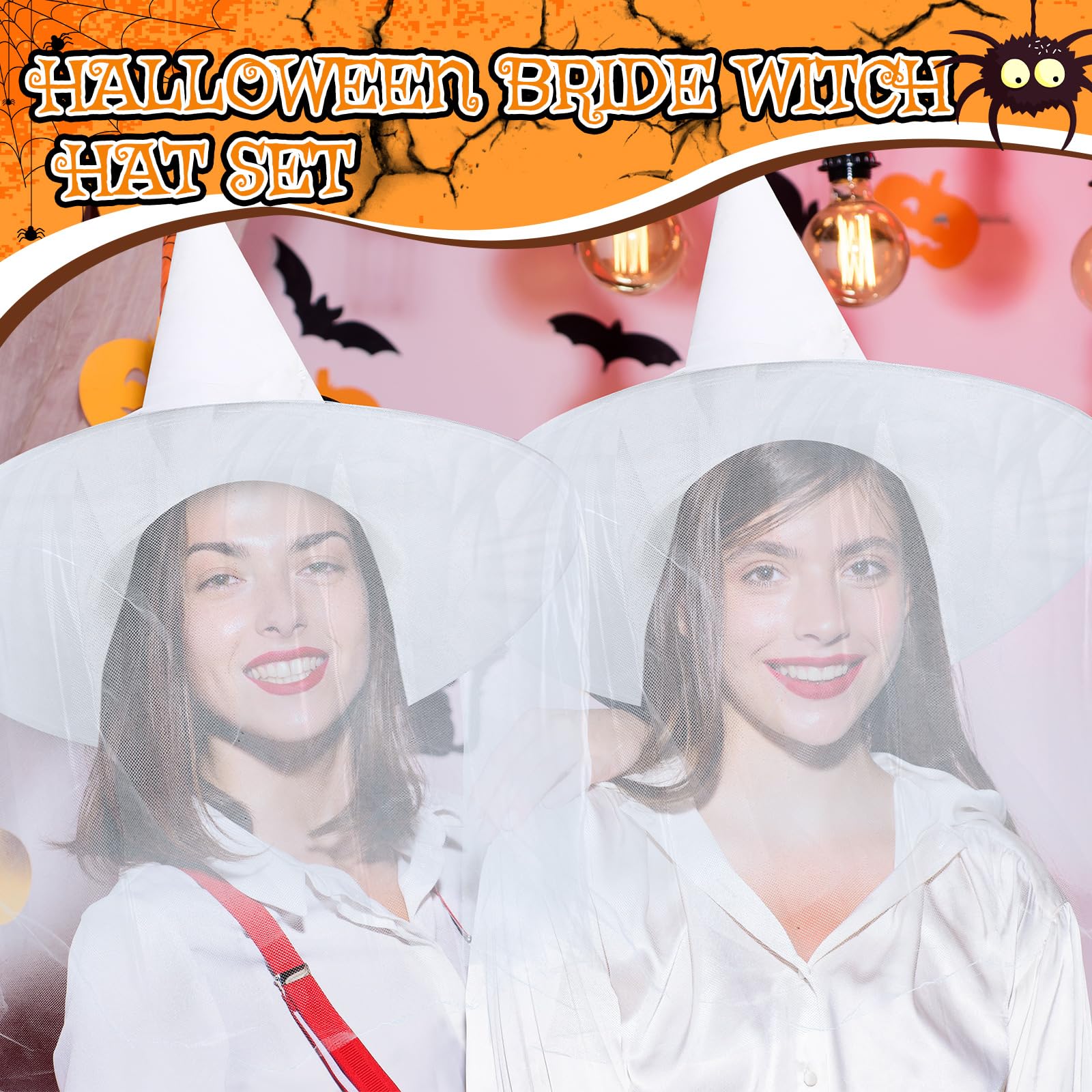 Panitay Halloween Bride Witch Hat White Witches Hat with Veil Flower Feather Accessories Witch Costume for Women