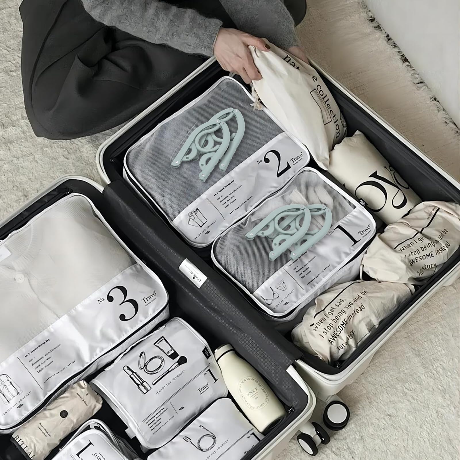LMSAWK Hangers Foldable for Suitcase, Plastic Portable Hangers, Folding Sock Rack, Hangers for Traveling Camping RV Cruises, 12 Pcs of Hanger Add One Sock Clip, Bule