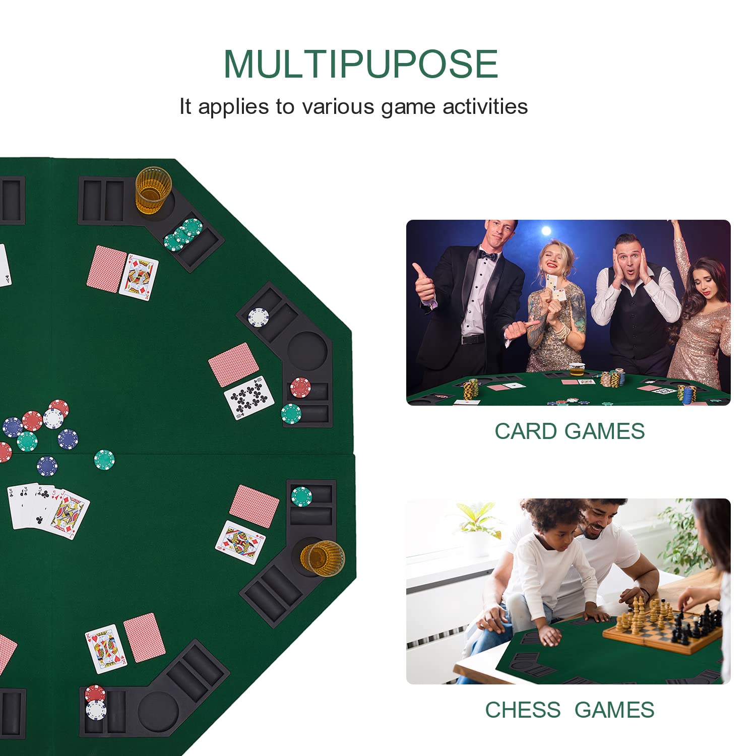FURUISEN 48" Foldable Poker Table Top, 8-Player Texas Traveller Wood Table Top Poker Layout, Portable Anti-Slip Blackjack Poker Table Mat with Cup Holders for Family Games Casino