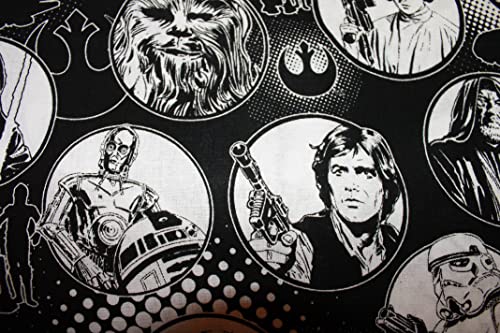 Star Wars Fabric Han Solo Stormtrooper Chewbacca R2-D2 Fabric Black and White Sold by The Fat Quarter (18" X 22") New BTFQ