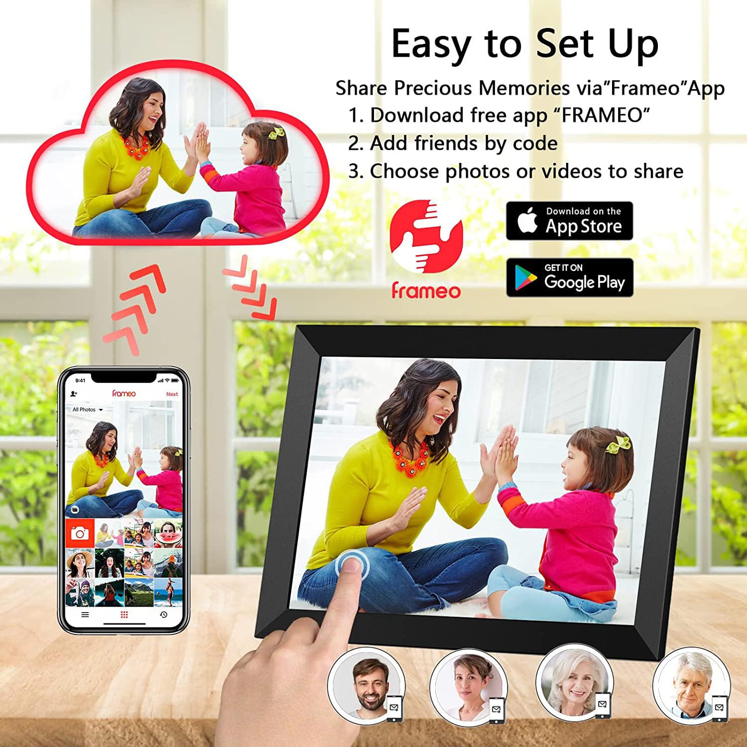 FRAMEO Digital Photo Frame 10.1 Inch, 1 Piece Smart WiFi Digital Picture Frame, Touch Screen Display, 32GB Storage Auto-Rotate Easy Share Photos or Videos in Frameo App from Anywhere Living Room Decor