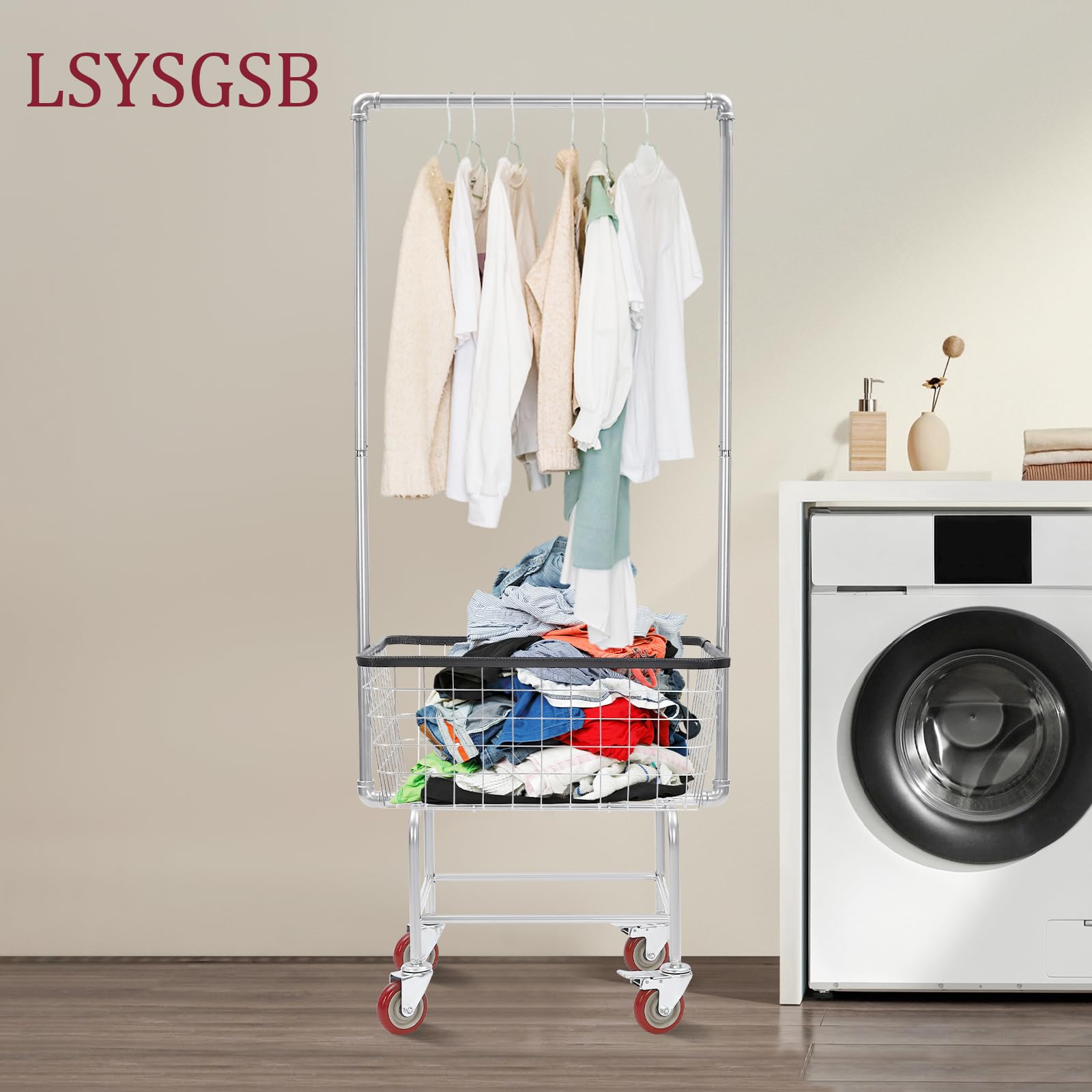 Wire Laundry Cart with Hanging Rack, Wire Laundry Basket With Wheels 27''x22''x67'', Commercial Wire Laundry Basket Cart With drying rod, Galvanized Steel Frame with 5'' Casters, Wire Basket Cart