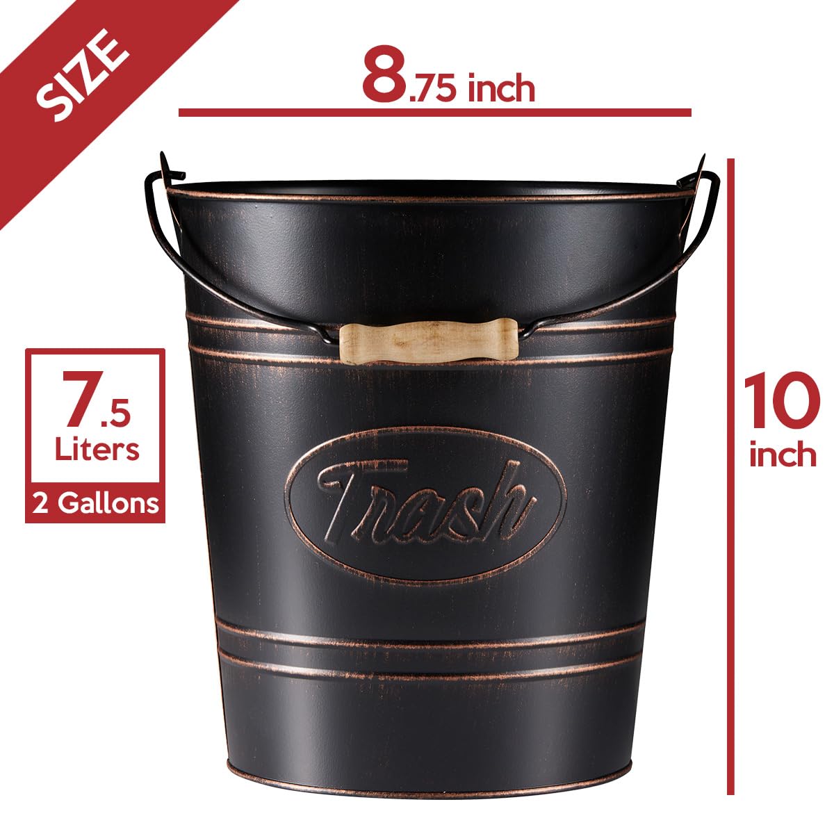 Pack 2, Rustic Farmhouse Bathroom Trash Can, Modern Country Style Galvanized Farm Metal Kitchen Trash Bucket, Large Vintage Waste Basket, Industrial Chic Bucket Garbage Can Bin, Western Garbage Pail