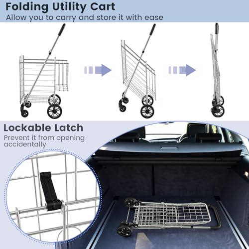 Goplus Folding Shopping Utility Cart, Double Basket and 360° Swivel Wheels, Adjustable Handle, Small Cart Perfect for Grocery Laundry Book Luggage Travel