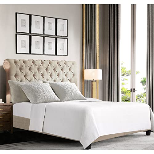Rosevera Atherine Upholstered Bed Frame/Fabric Upholstered Bed Frame with Adjustable Headboard/Chesterfield-Styled/Rolled Head/Wood Slat Support/Easy Assembly,King,Natural Beige