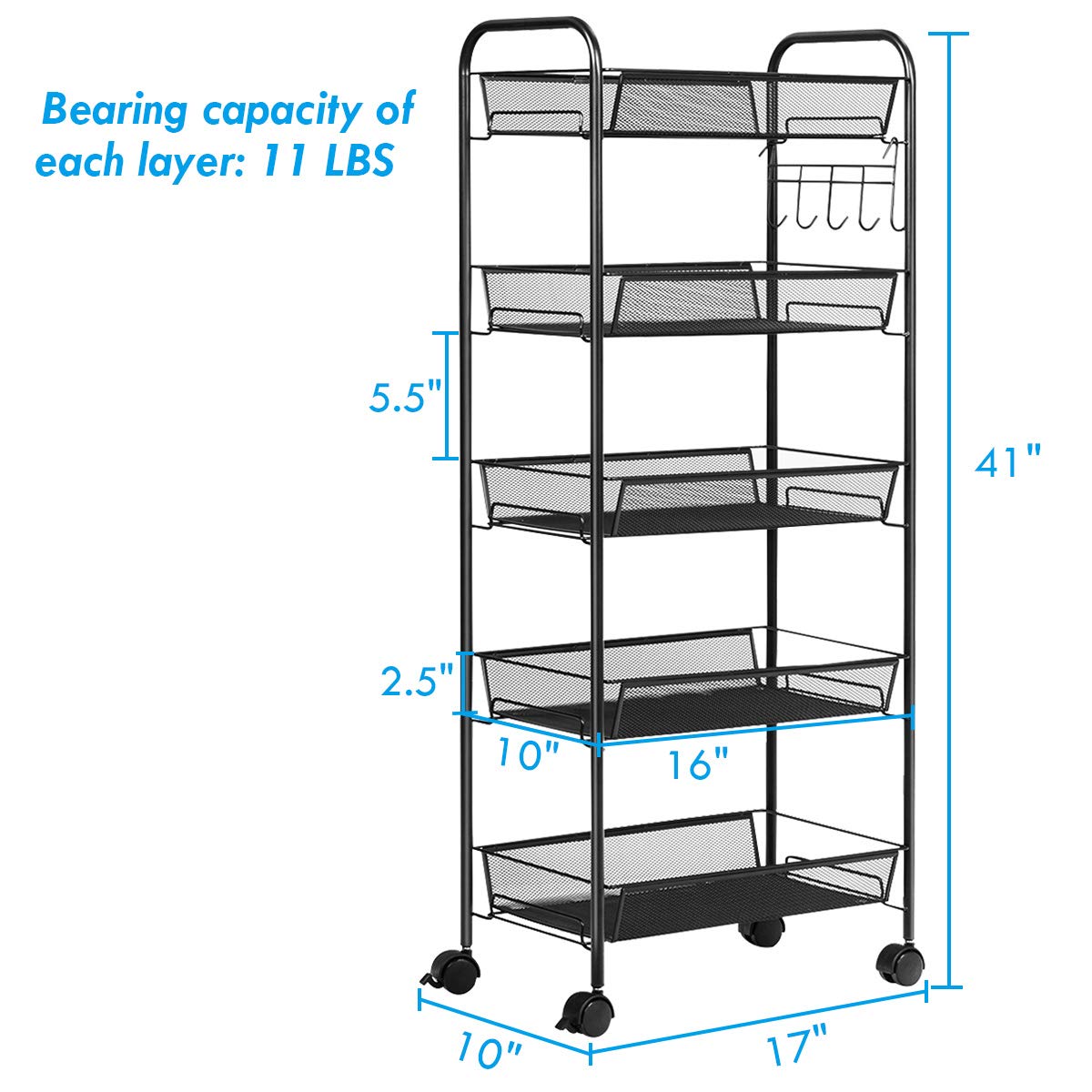 Giantex 5-Tier Storage Cart Rolling Trolley Organizer Utility Cart with Lockable Wheels, 5 Hooks, Mesh Shelves for Home Kitchen, Bathroom, Office and Bedroom (Black)