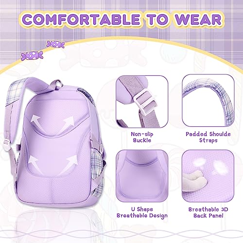 PIG PIG GIRL Girls Backpack, Lightweight Kids Backpack Functional Pockets Kawaii School Backpack Watrer Resistant Boogbag for Primary Elementary School,Purple
