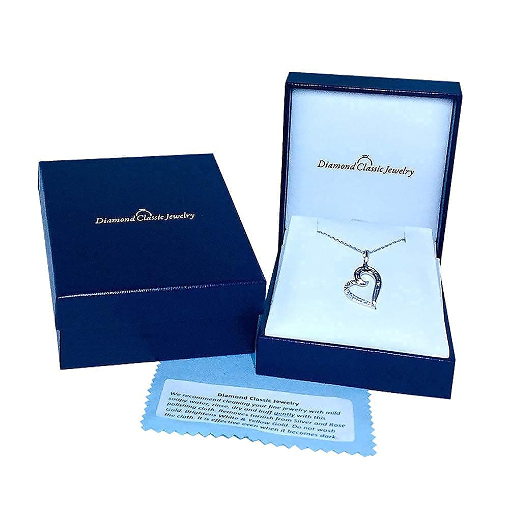 Diamond Heart Pendant Necklace 1/8 cttw Round and Baguette Diamonds in 10k White Gold - 18 Inch Chain