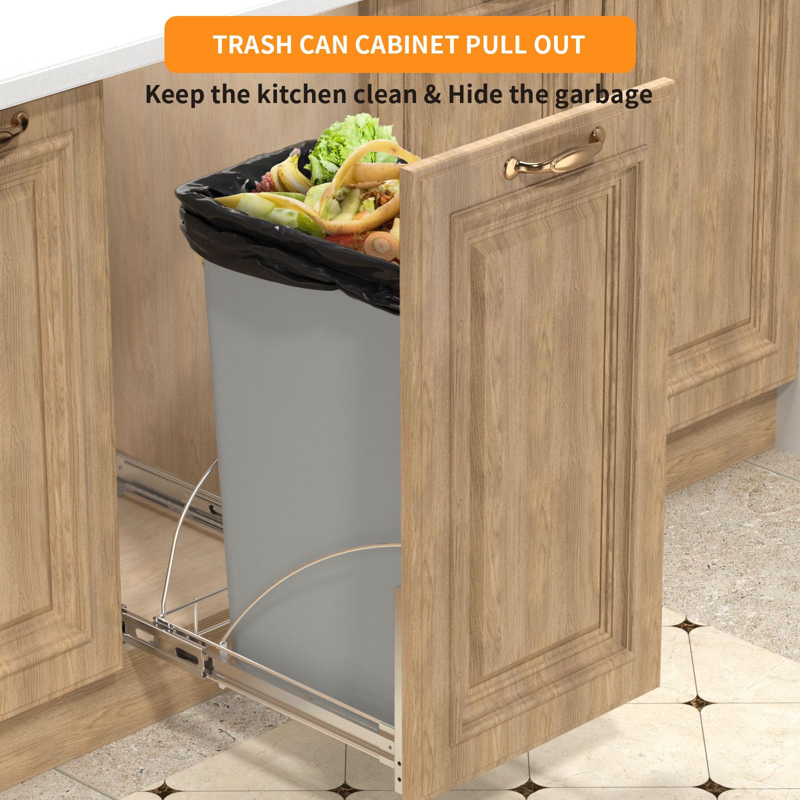 Pull Out Trash Can Under Cabinet，Under Sink Trash Can Cabinet Pull Out with Door Mounting Kit，Cabinet Trash Can Pull Out Kit，Requires 15" W X 18" D Minimum Cabinets，Chrome-Waste Bin Not Included
