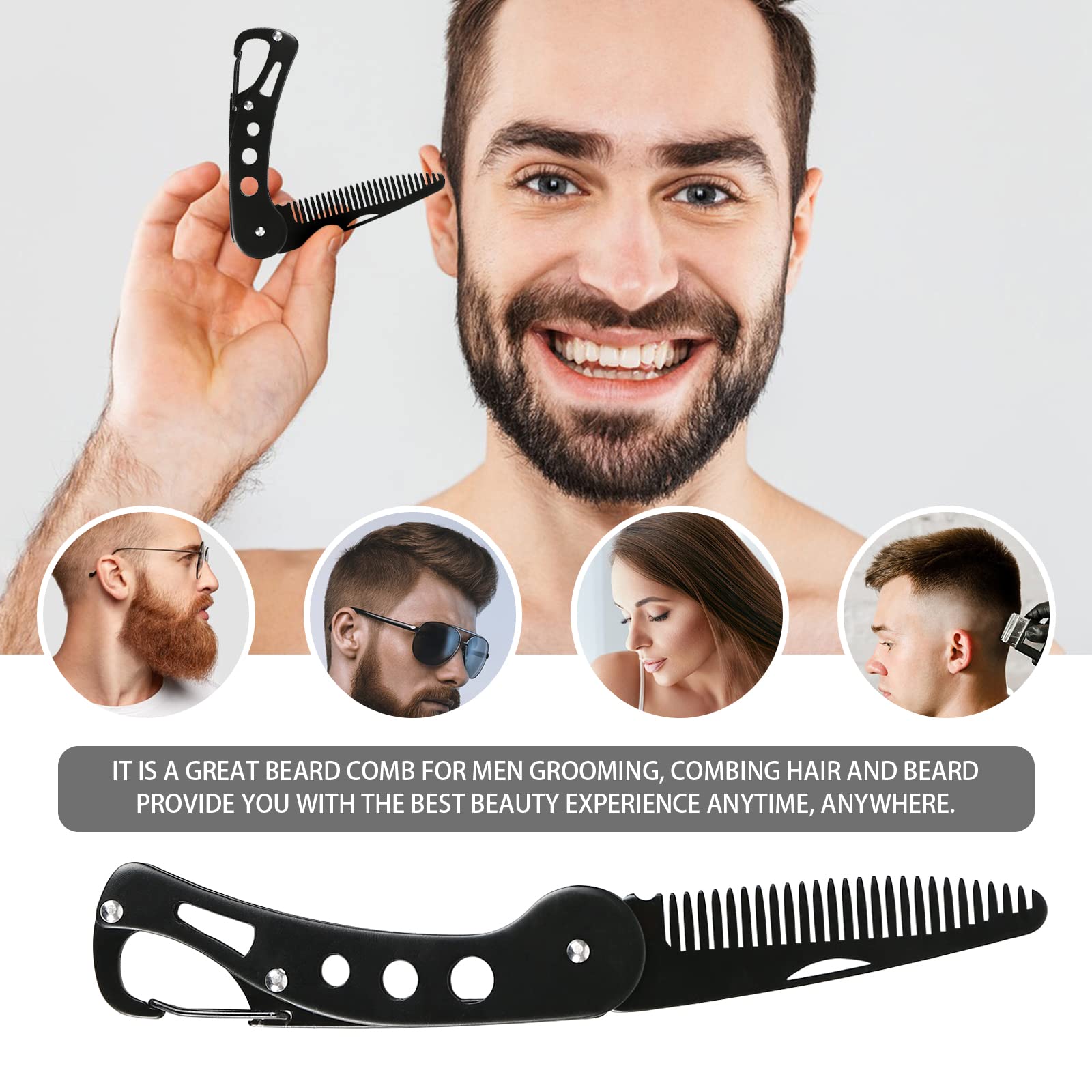 HUATOL Stainless Steel Folding Beard Comb，Portable Bottle Opener and Key Chain for Men Grooming, Combing Hair and Beard