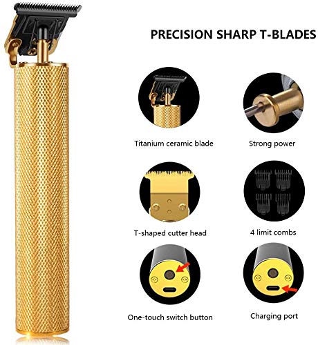 Electric Pro Hair Clippers T-Blade Beard Trimmer USB Rechargeable Cordless Outliner Hair Trimmers for Men Professional Grooming Kit With 4 Limit Comb Gold(0/1.5/3/6/9 mm)