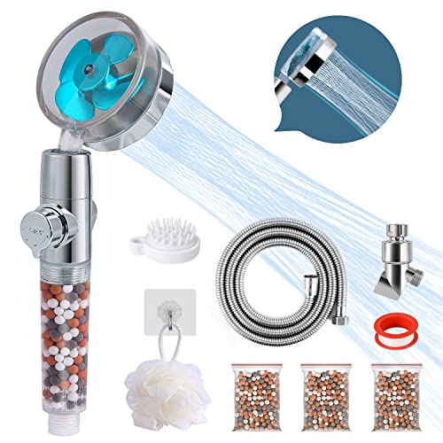High Pressure Shower Head, Turbo Fan Vortex Shower Head Hydro Jet Handheld Shower Head with Hose, Filtered Shower Propeller, 360 Degrees Rotating, One Key Pause Switch, Filtration Mineral Stone Beads