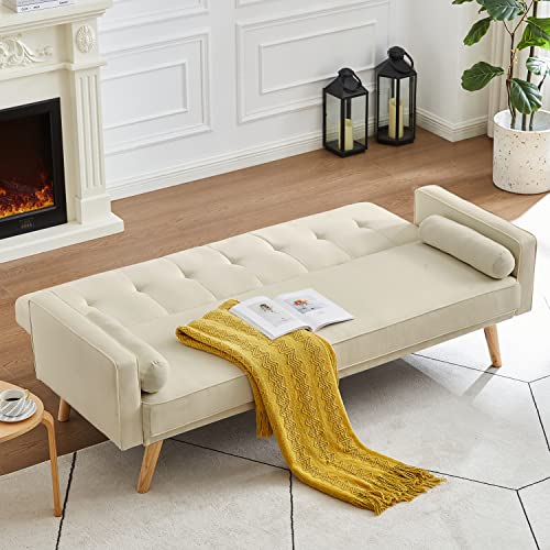 MWrouqfur Modern Fabric Sofa Bed Futon,Convertible Sleeper Loveseat with 2 Pillows and Armrests,75' Folding Recliner Couch Bed with Solid Wood Legs for Living Room Apartments Office (Beige), (0513)