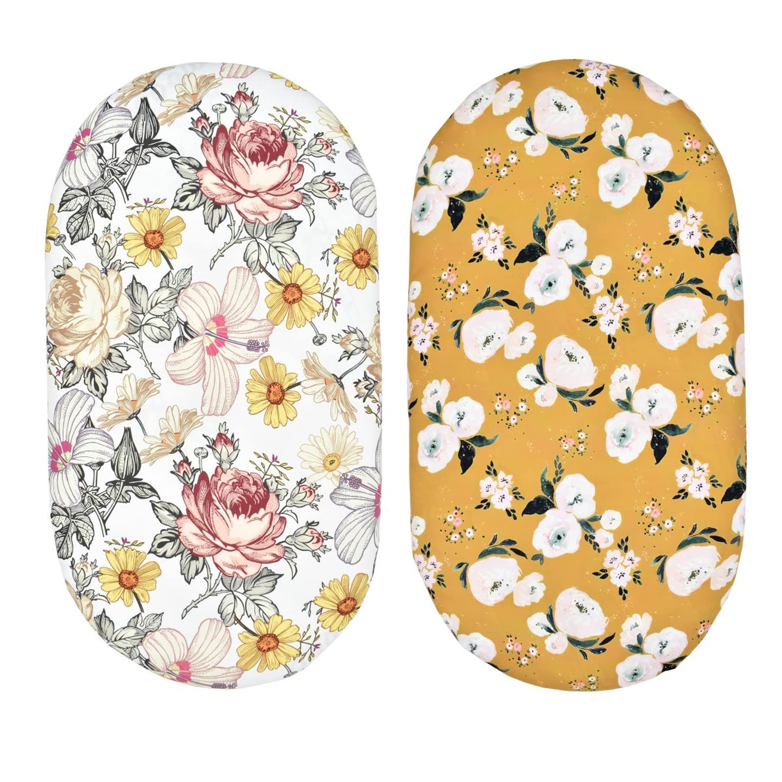 iEvolve Bassinet Sheet Jersey Cotton Ultra Soft Flexible Breathable Fitted Sheet for Hourglass & Rectangle Bassinet Mattress (GingerFloral Pack of 2)