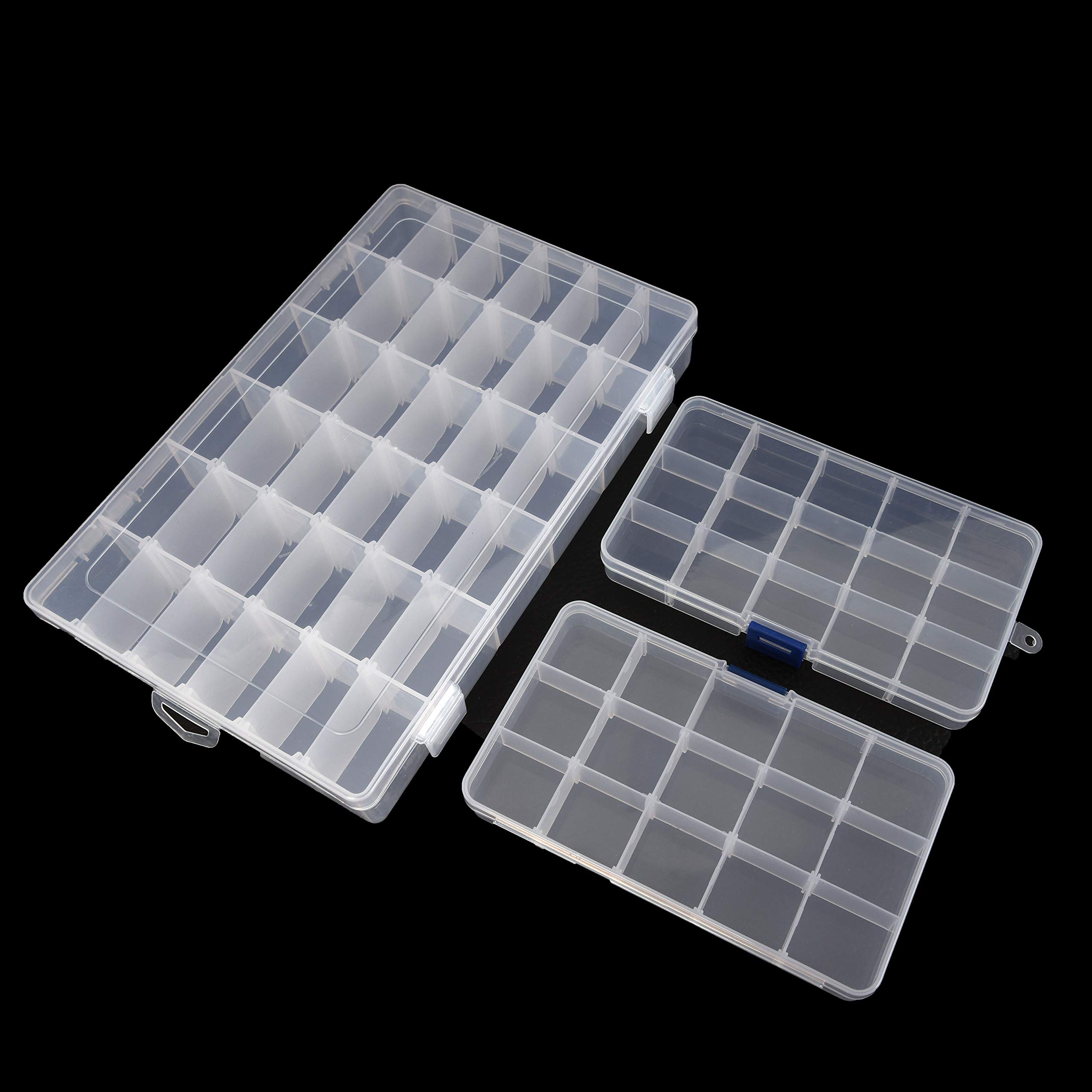 Snowkingdom Plastic Grid Box Storage Organizer Case for Display Collection with Adjustable Dividers - 3 Pack (1pc 36 Grids + 2pc 15 Grids) - Free Letter Stickers