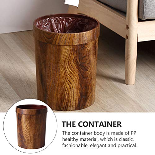 NOLITOY Decorative Storage Bins Small Trash Can Rustic Waste Basket Wood Grain Trash Bin Bathroom Garbage Can Simulated Wooden Wastebasket Flower Holder for Home Kitchen L Metal Bucket