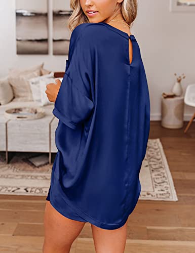 SWOMOG Womens Satin Pajamas Sets Solid Short Sleeve T-Shirt Tops with Shorts Sleepwear Summer Pjs Loungewear Navy Blue