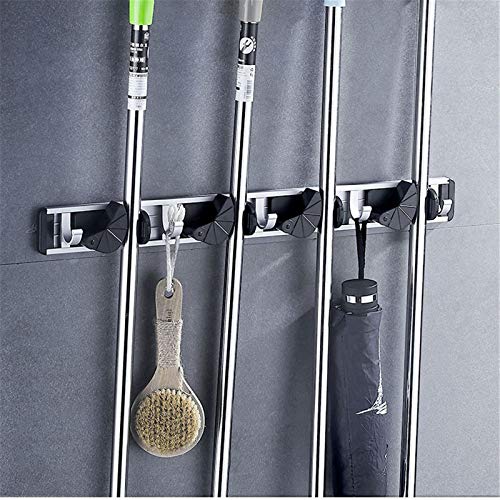IHIPPO Broom Mop Holder Mop Broom Holder Wall Mount Pantry Organization and Storage Garden Kitchen Tool Organizer Wall Hanger for Home Goods (4 Positions with 5 Hooks) for Toilet Garage