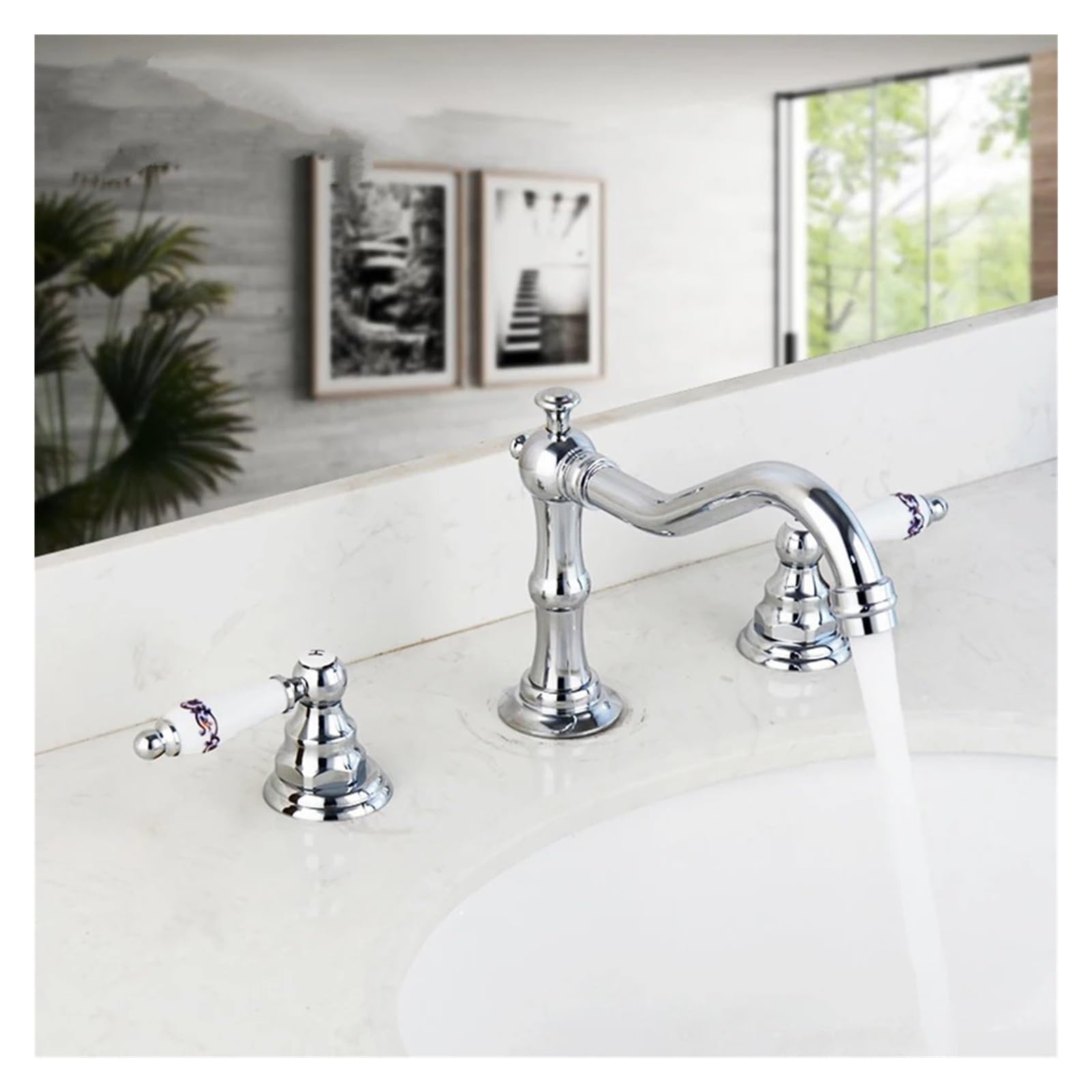 MISSCELL Chrome Brass Bathroom Faucet Hot & Cold Bathtub Mixer Faucet Deck Mounted Wash Basin Sink Faucet Ceramic Handles ,Faucet, LL-662