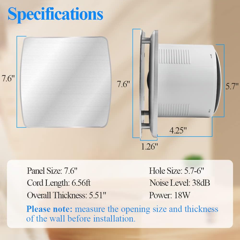 WiseWater Bathroom Exhaust Fan 140CFM 38 dB 6β Duct 7.6" Panel Extractor Fan, Ceiling&Wall Mounted Ventilation Fan for Bathroom, Laundry Room, Bedroom, Office