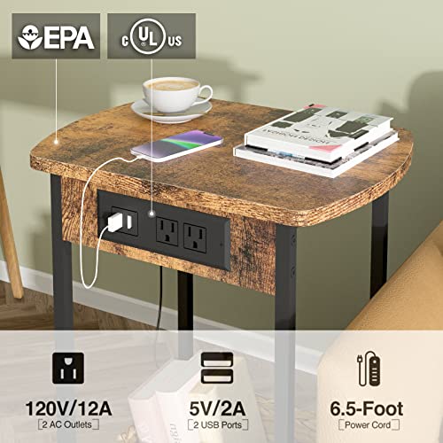 SOOWERY End Tables with Charging Station, Set of 2 Side Tables with USB Ports and Outlets, Nightstands with Storage Shelf for Living Room, Bedroom, Brown