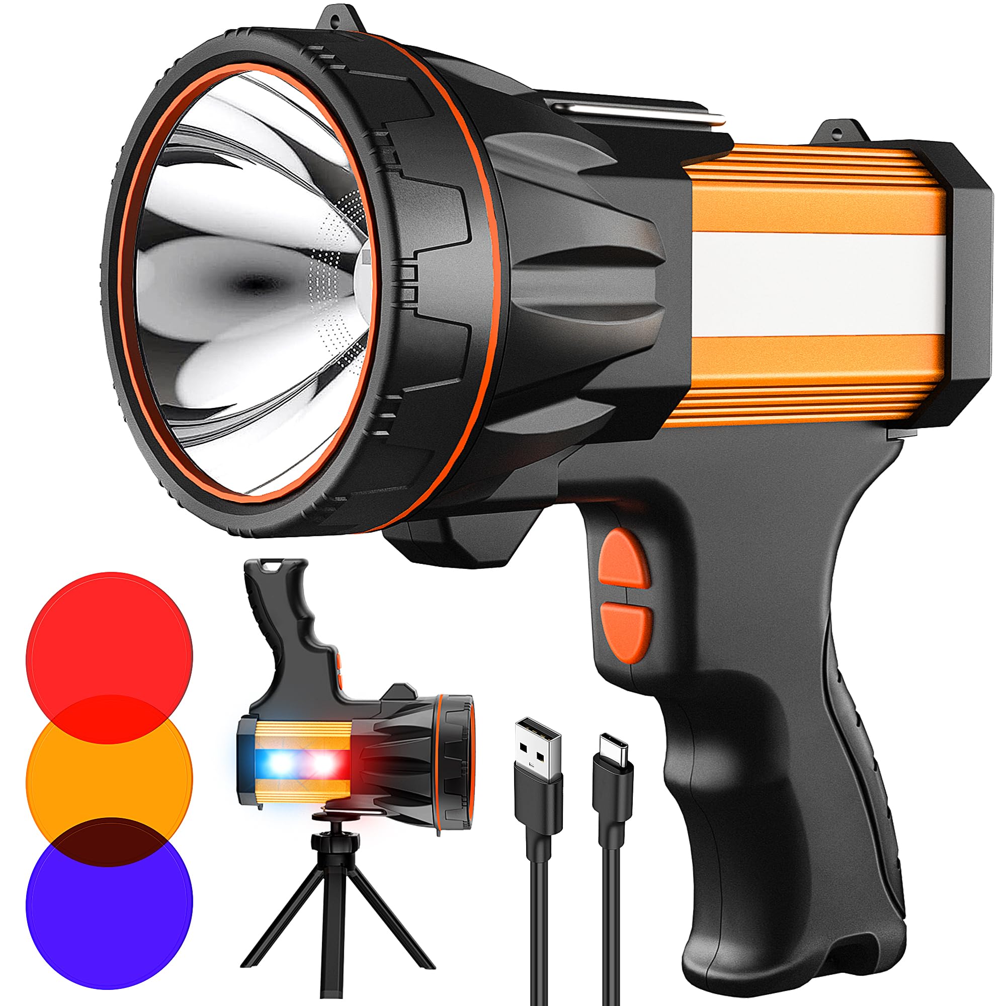 GEARTORERO 1000000LM 2024 Spotlight 30W Energy Saving, 60H Standby Battery LED Flashlight, IP68 Waterproof & 360° Adjustable Tripod for Outdoor Indoor Camping Hunting Emergency