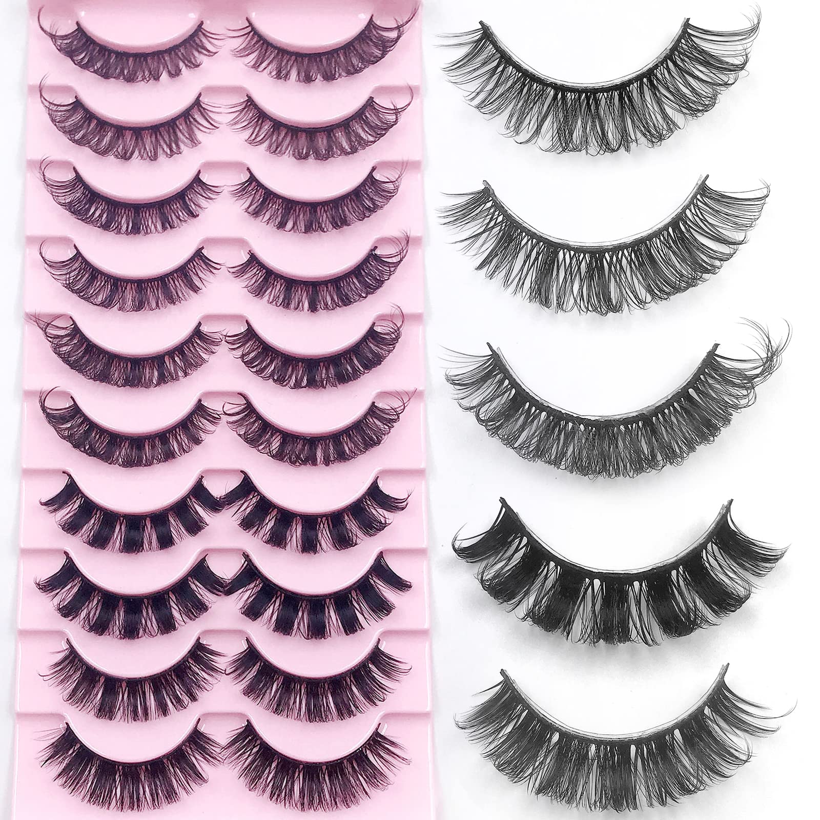 IFLOVEDEKD 5 Styles Mix Fluffy Russian Curl Lashes 10 Pairs Russian Strip Lashes Natural Fake Lashes Pack Wispy Russian Lashes D Curl Thick False Eyelashes Dramatic Russian Volume Strip Eyelashes
