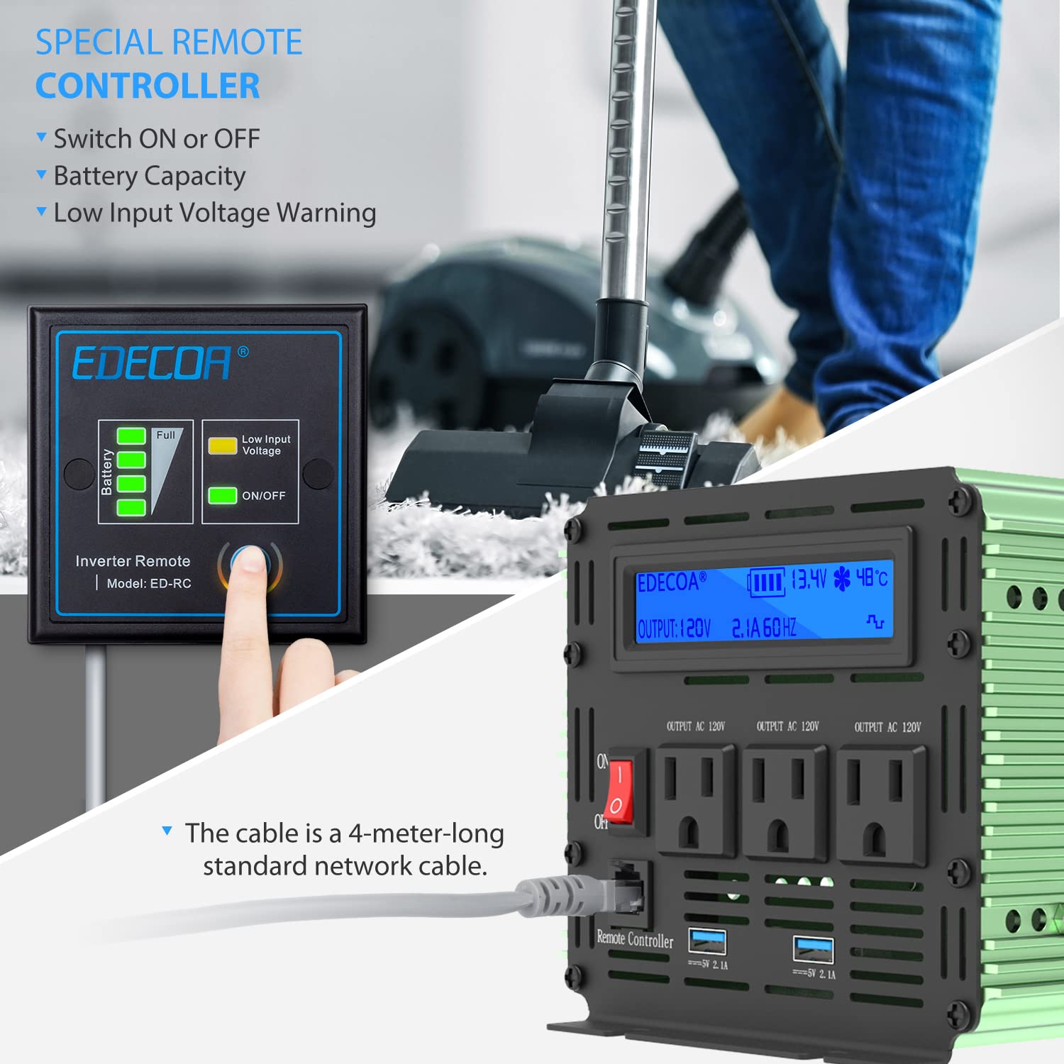 EDECOA 2000W Power Inverter 12V DC to 110V 120V AC 2000 Watts with Remote Control LCD Display USB 3 Outlets for Cars, Trucks, RVs, Rural Cabins
