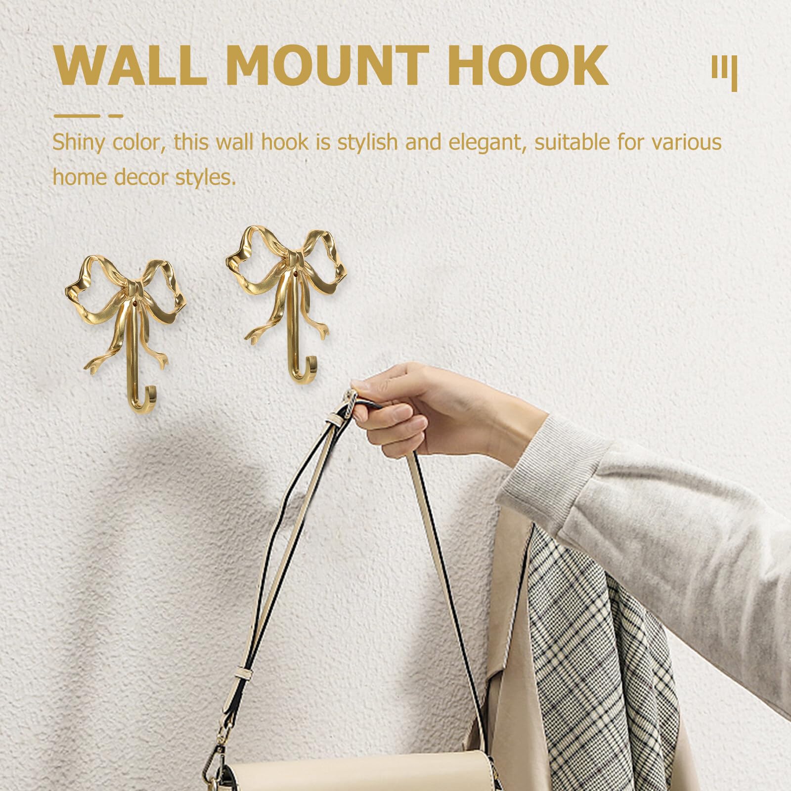 LOGOFUN 2pcs Bow Hook Bowknot Hook Bow Hooks for Wall Bowknot Brass Hook Gold Wall Hook for Hanging Coat Hat Towel - Large (3.62X3.54X0.79in)