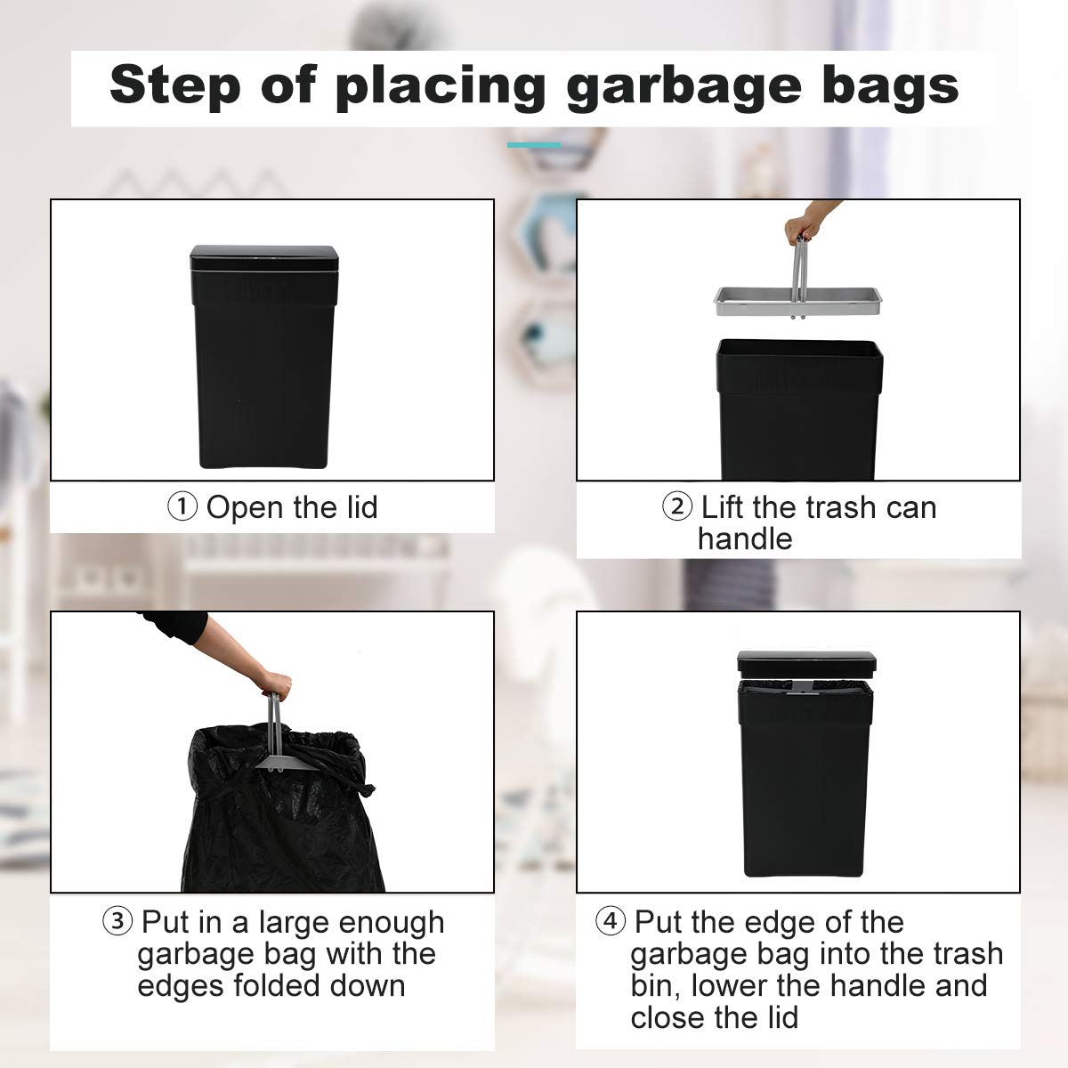 Dkelincs 13 Gallon Trash Can Automatic Motion Sensor Kitchen Trash Can Plastic High-Capacity Touch Free Garbage Can with Lid for Bathroom Bedroom Home Office, 50 Liter, Black