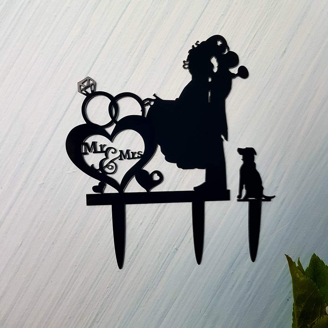 Wedding Couple Kiss, Mr&Mrs Heart Diamond Ring Cake Topper, Bride and Groom with Dog Silhouette Cake Topper (Black)