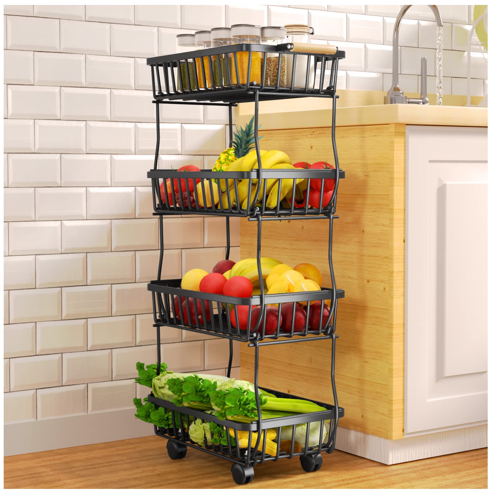 Fruit Vegetable Basket, 4 Tier Fruit Vegetable Storage Cart, Vegetable Basket Bins Rack for Onions and Potatoes, Rolling Utility Cart for Kitchen Pantry Bedroom Living Room, with Handle
