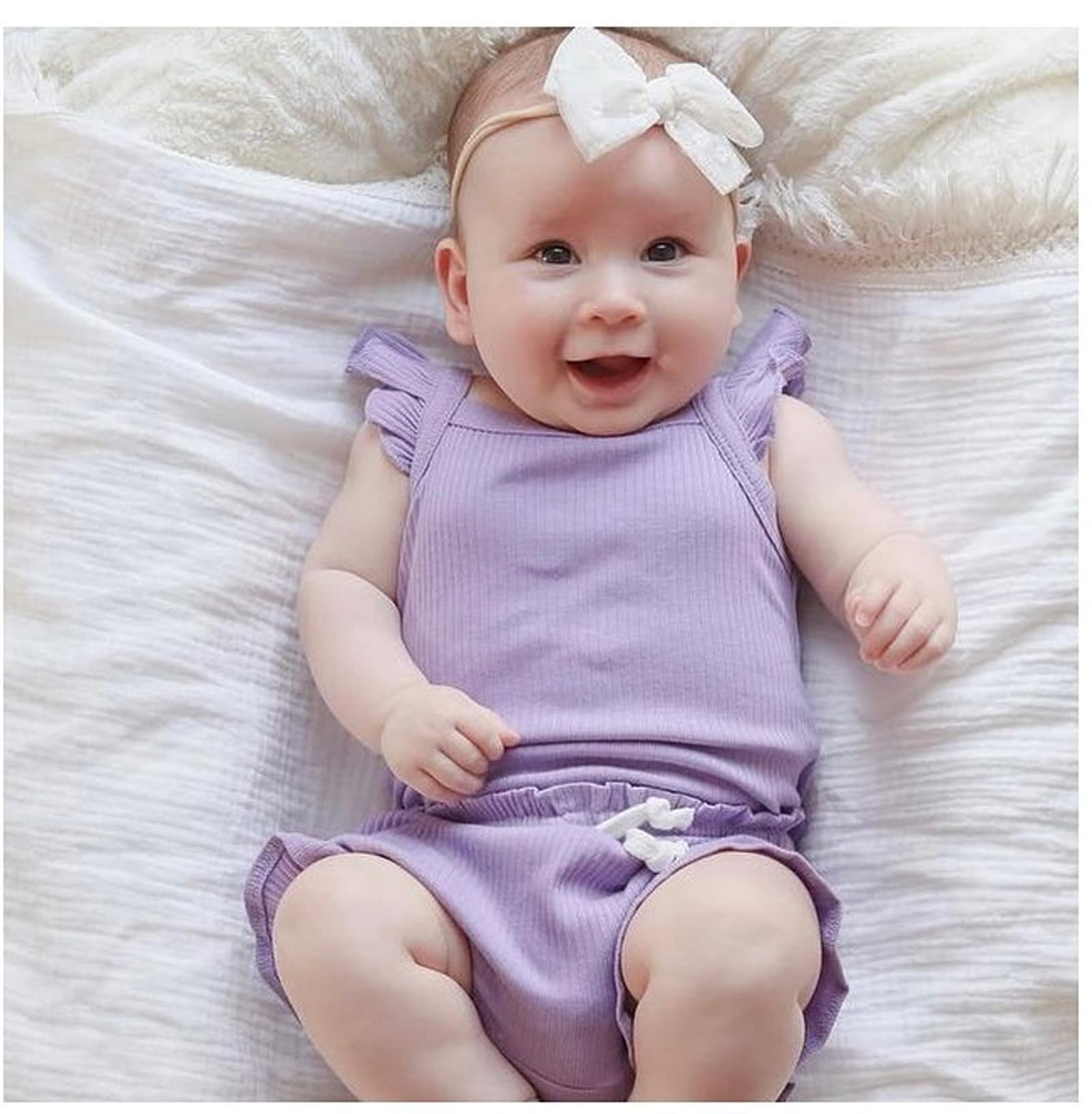 Toddler Baby Girl Summer Short Clothes Ribbed Ruffle Sleeve Tops+Elastic Drawstring Short Pants Two Piece Solid Outfit Set (A-Purple, 12-18 Months)