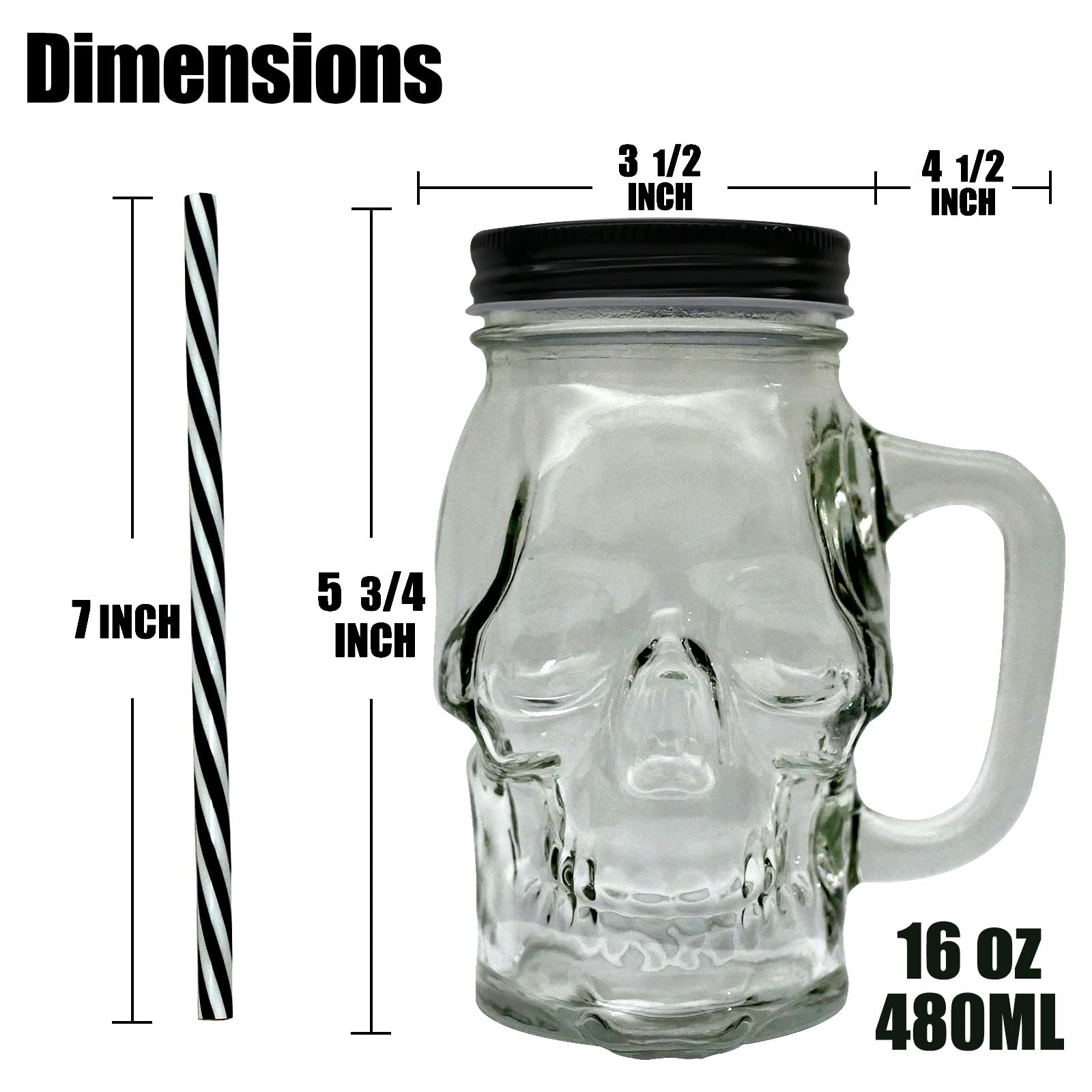 GXFCCYXT 16oz Skull Mason Jar Glass Cup - Set of 4, with Handle & Striped Straws & Black Lids, for Cold & Hot Drinks, Cute Reusable Beer Bottle, Iced Coffee Glasses, Party Juice Glass Cup