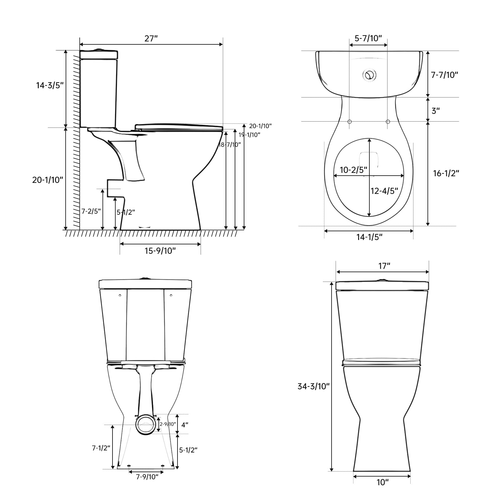 SUPERFLO Rear Outlet Toilet With 19 Inch Tall Toilet Bowl & Tank, High Toilets For Seniors With Rear Discharge-Includes Extension Pipe