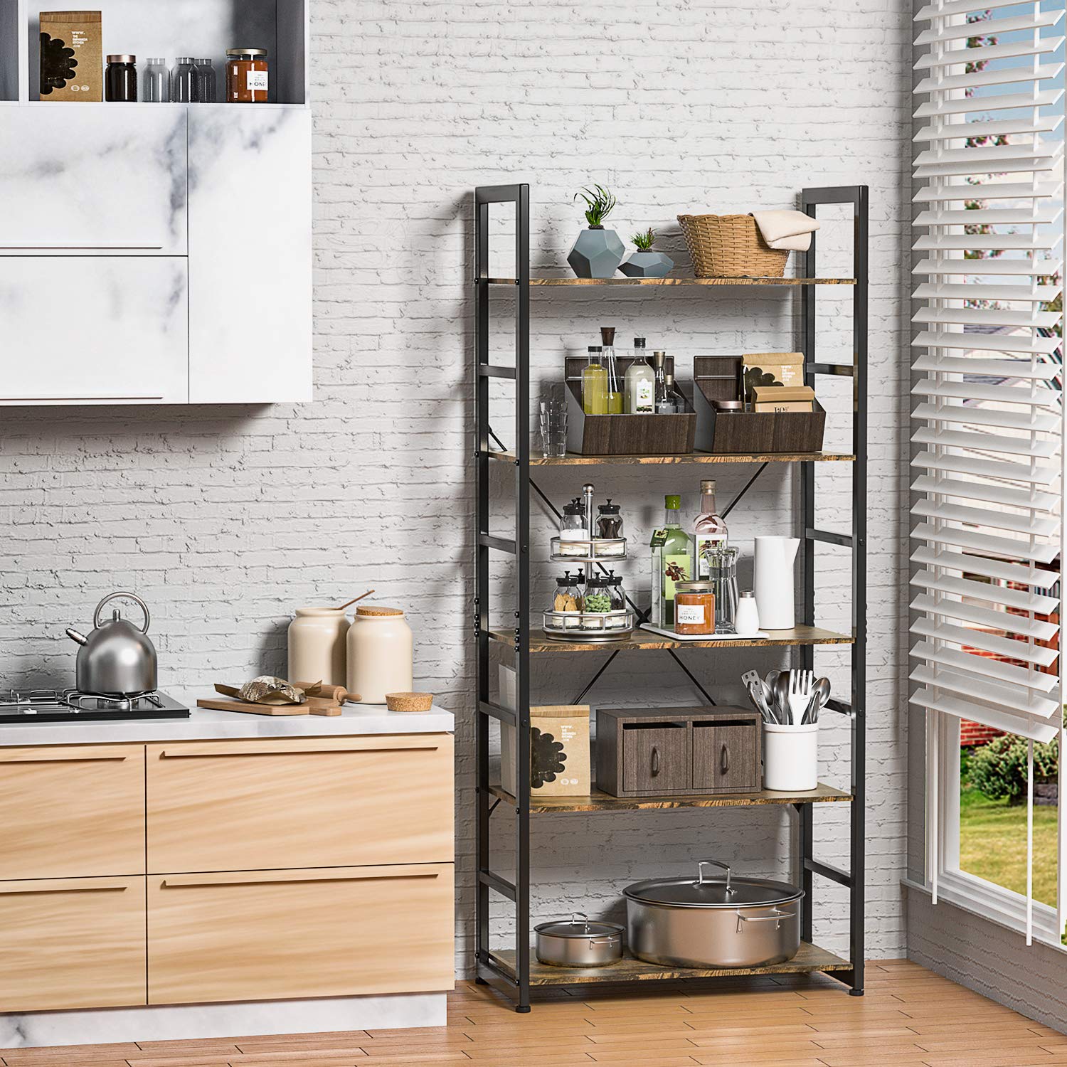 Foxemart Bookshelf, 5 Tier Shelf Bookcase Modern Standing Rack, Wooden and Metal Open Shelves Organizer for Home Office Living Room, Rustic Brown, Large