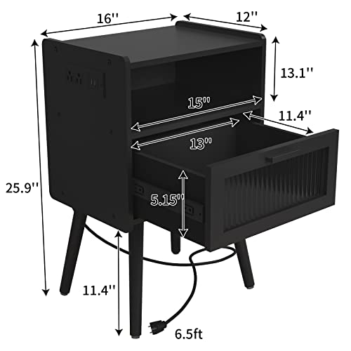 SOOWERY Mid Century Modern Nightstand with Charging Station, Bedside Tables with Glass Drawer, End Table Side Table with 2 Tiers Storage Space, for Bedroom, Living Room, Black