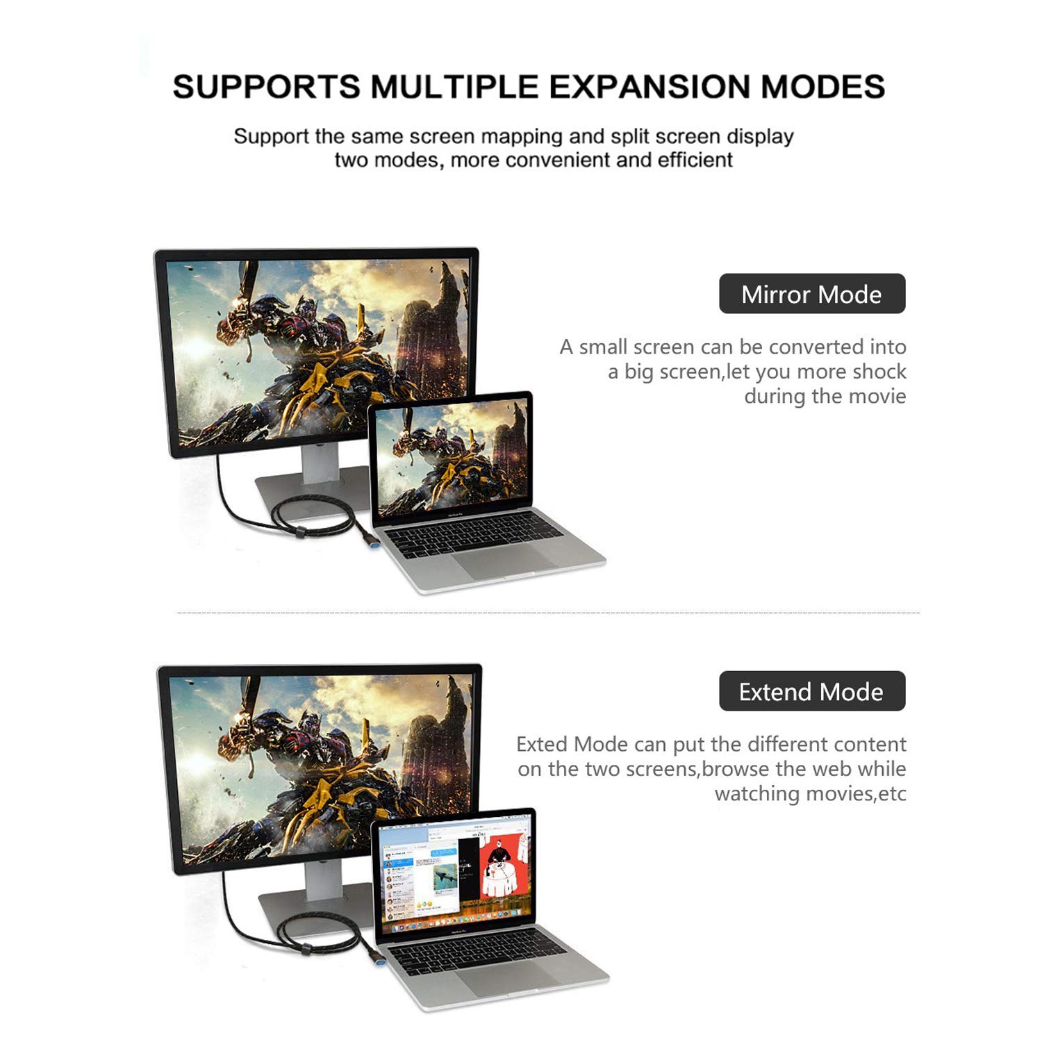 ELECABLE USB to HDMI Adapter Cable 6FT for Mac OS Windows 11/10/8/7/, USB 3.0 to HDMI Male HD 1080P Monitor Display Audio Video Converter Cord. (6FT)