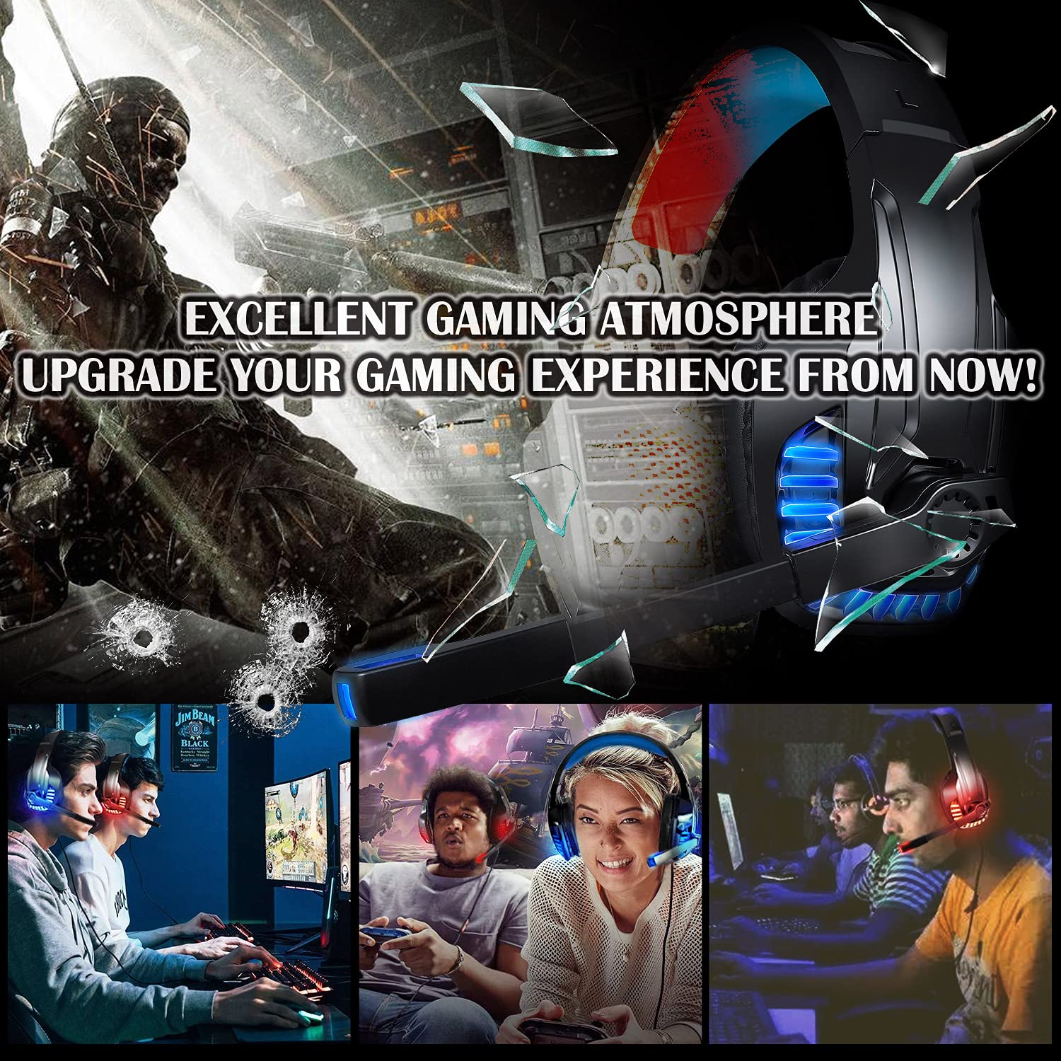GALOPAR Stereo Gaming Headset for PC, PS4, Xbox One, 3D Surround Sound Headset with Noise Canceling Mic LED Light, Over-Ear Headphones Compatible with PS4, Xbox One, Switch, PC, Mac, Laptop