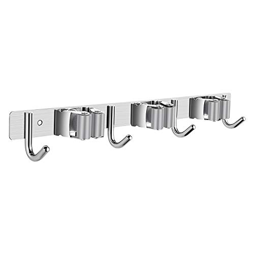 POPRUN Broom Mop Holder Wall Mount Stainless Steel Garden Tool Hanger Garage Organizer Home Kitchen Laundry Storage, 3 Racks 4 Hooks, Grey