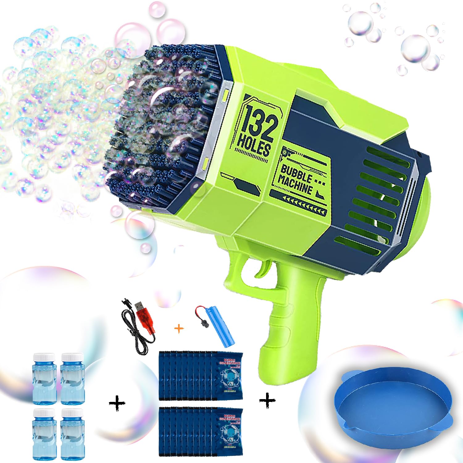 Dynasty Pro Bubble Machine Gun 132 Hole Bubble Maker - Bazooka Bubble Gun and Lights - 6000+ Bubbles Per Min Suitable for Children & Adults - Electric Bubble Gun For Indoor, Outdoor & Birthday (Green)