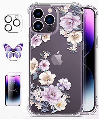 ROSEPARROT Designed for iPhone 14 pro max Case with Tempered Glass Screen Protector + Camera Lens Protector, Clear with Floral Pattern Design, Shockproof Protective Cover (Anemone Blooms)