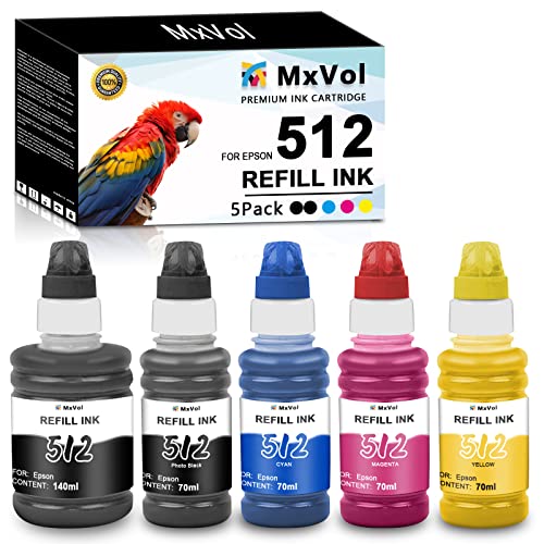 MxVol Compatible Refill Ink Bottle Replacement for Epson 512 T512 Ink Bottles for Expression Premium ET-7700 ET-7750 EcoTank Printers (5-Pack, BK/PBK/C/M/Y)
