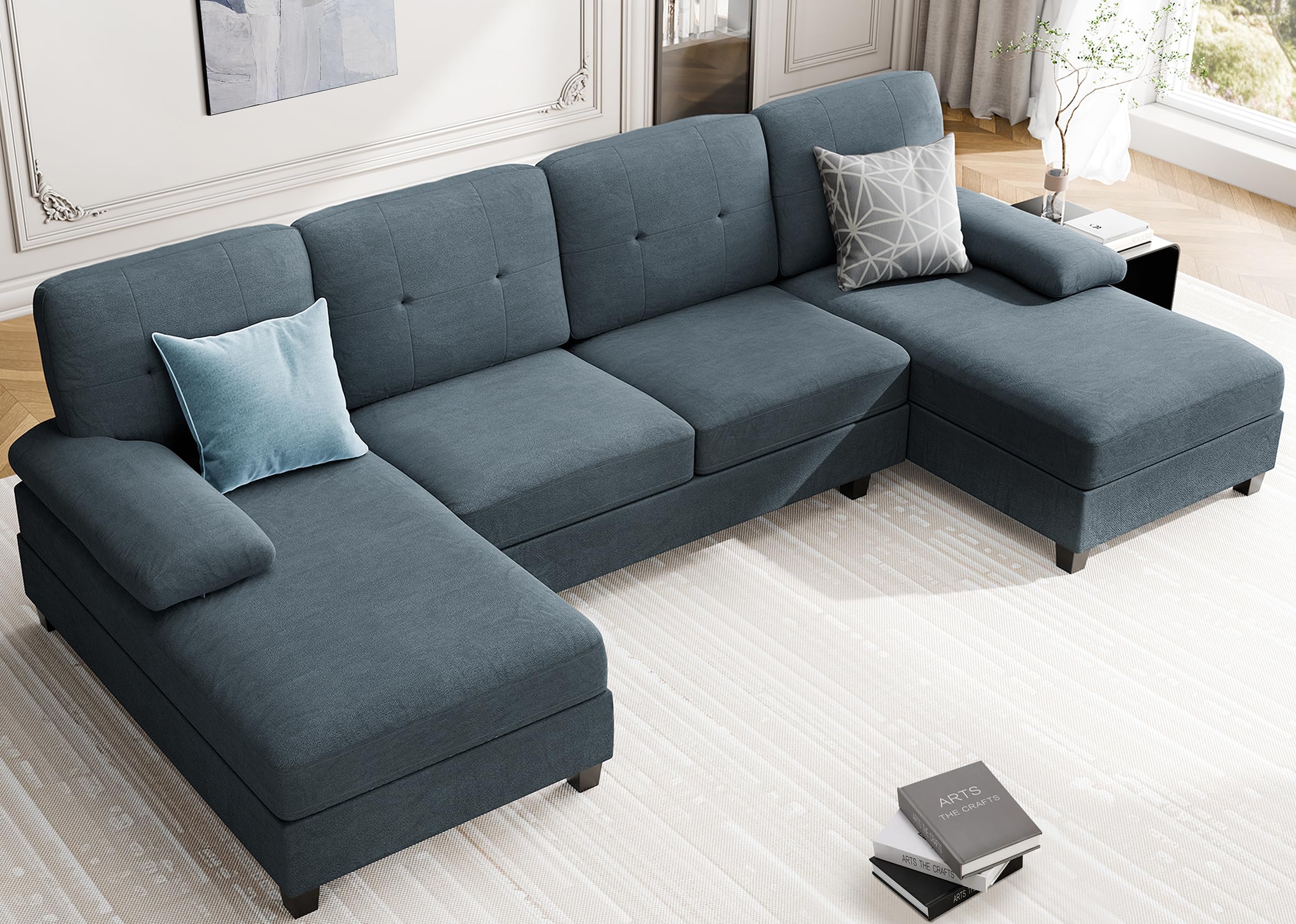 Meilocar Sectional Couches for Living Room, 4 Seat Sofa Set U-Shaped Couch with Double Wide Chaise, 106in Sofa Modern Fabric Large Couch with Oversized Seats (Grey)