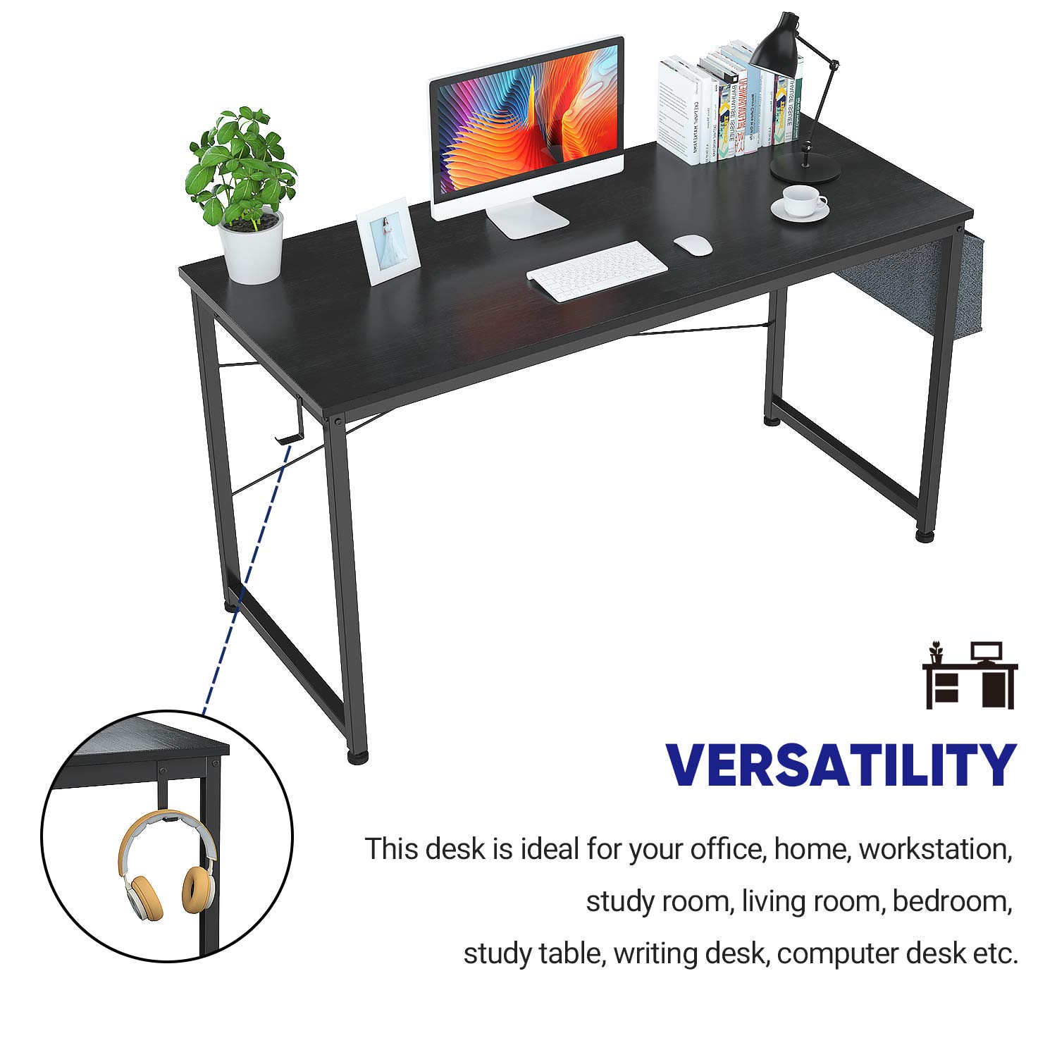 Foxemart Computer Desk 47" Office Desks Writing Study Desk Modern Simple PC Laptop Notebook Table with Storage Bag and Iron Hook for Home Office Workstation, White