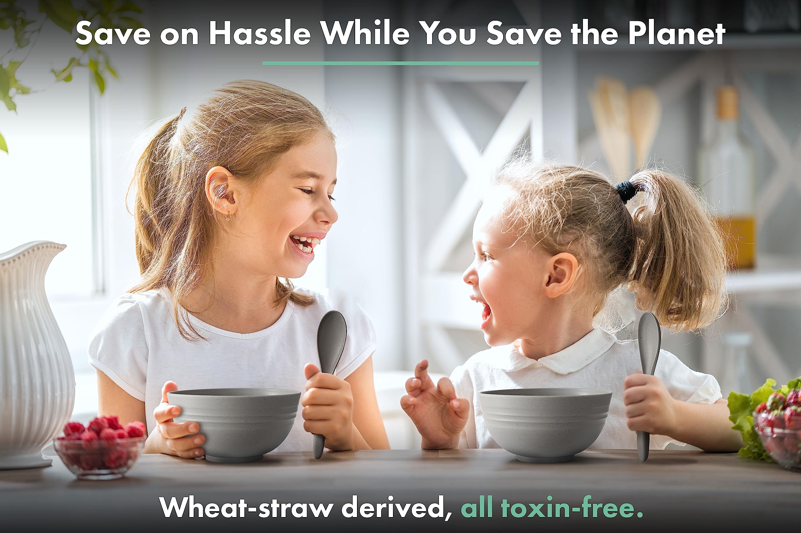 FOODLE Wheat Straw Dinnerware Sets for 6 - Lightweight & Unbreakable - Microwave & Dishwasher Safe - Perfect for Picnic, Dorm, RV Dishes - Camping Plates Cups and Bowls Set - Great for Kids & Adults