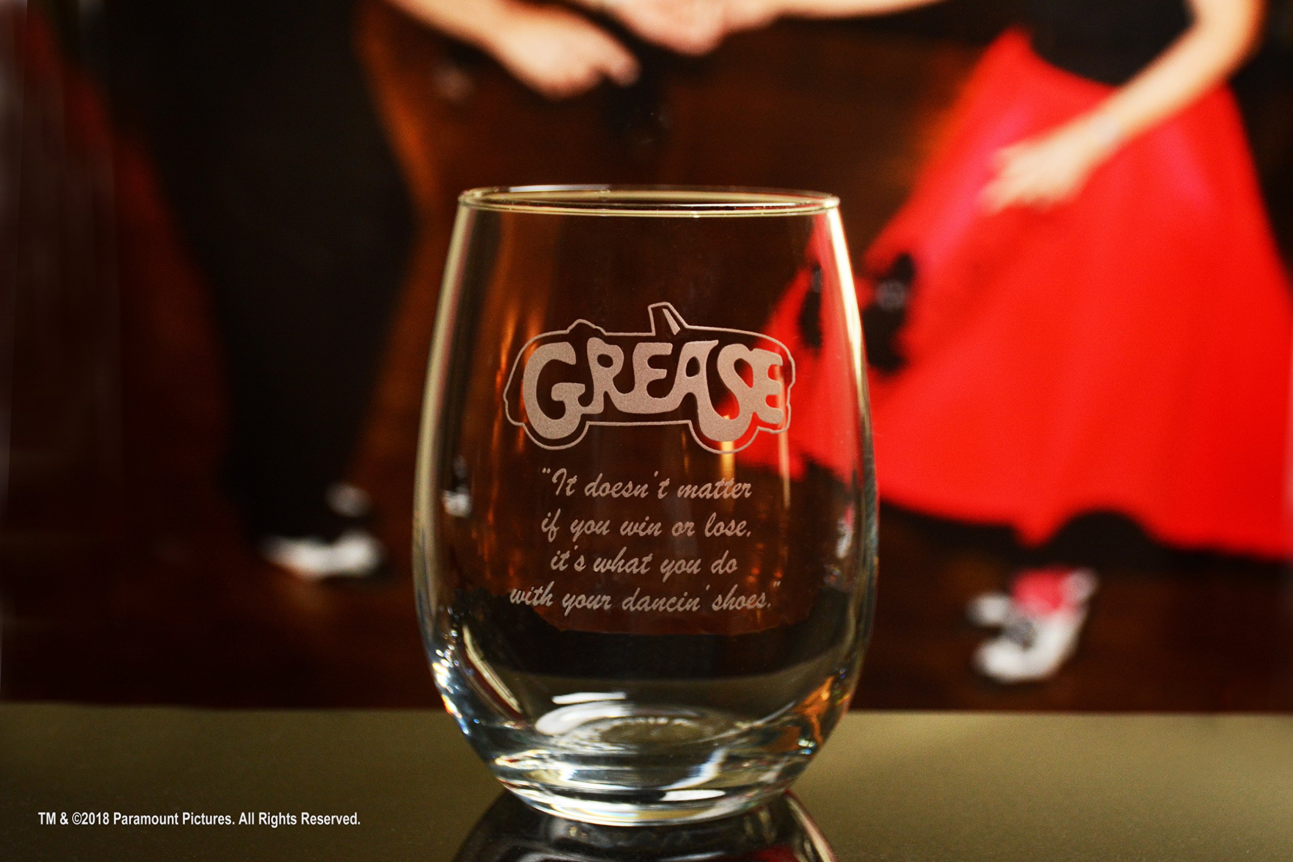 Grease Etched Stemless Wine Glass - w/Logo & Quote "It doesn't matter if you win or lose, it's what you do with your dancin' shoes" - Premium Quality Licensed, Handcrafted Glassware 15oz
