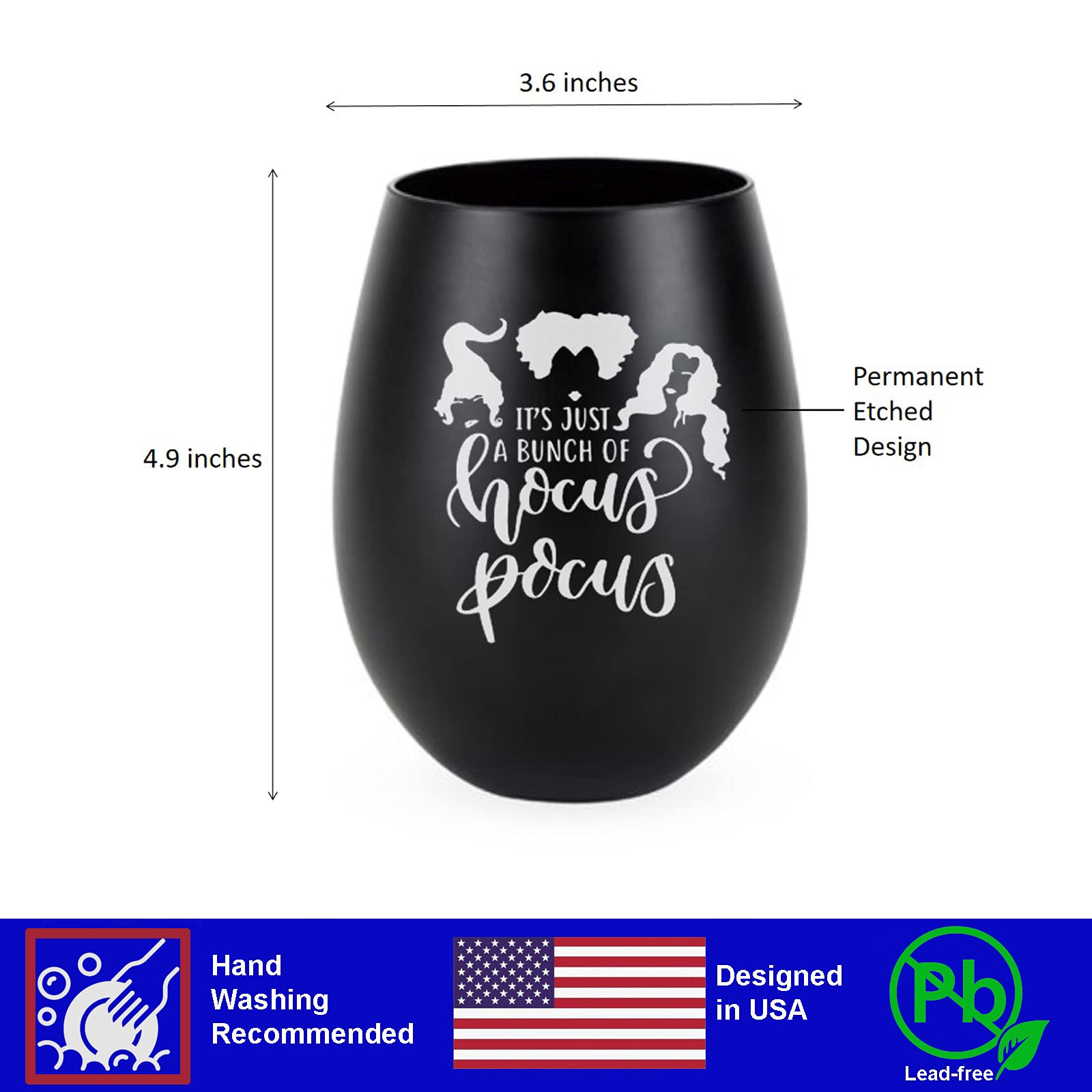 Etchpress Halloween Wine Glass, It's Just a Bunch of Hocus Pocus Black Engraved Wine Glass Birthday Gifts for Horror Films Lover