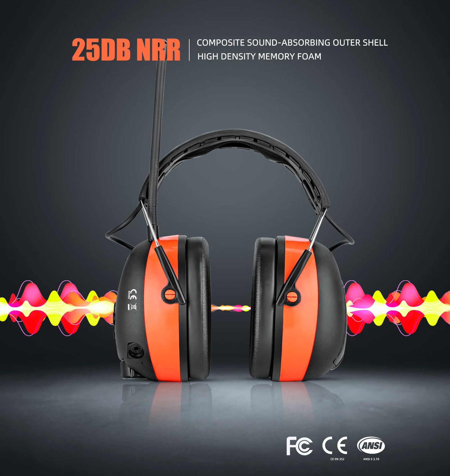 Hocazor HP033 Bluetooth 5.3 Hearing Protection AM FM Radio Headphones, 25dB NRR Noise Reduction Safety Earmuffs with 2000mAh Rechargeable Battery for Mowing Workshops, Orange
