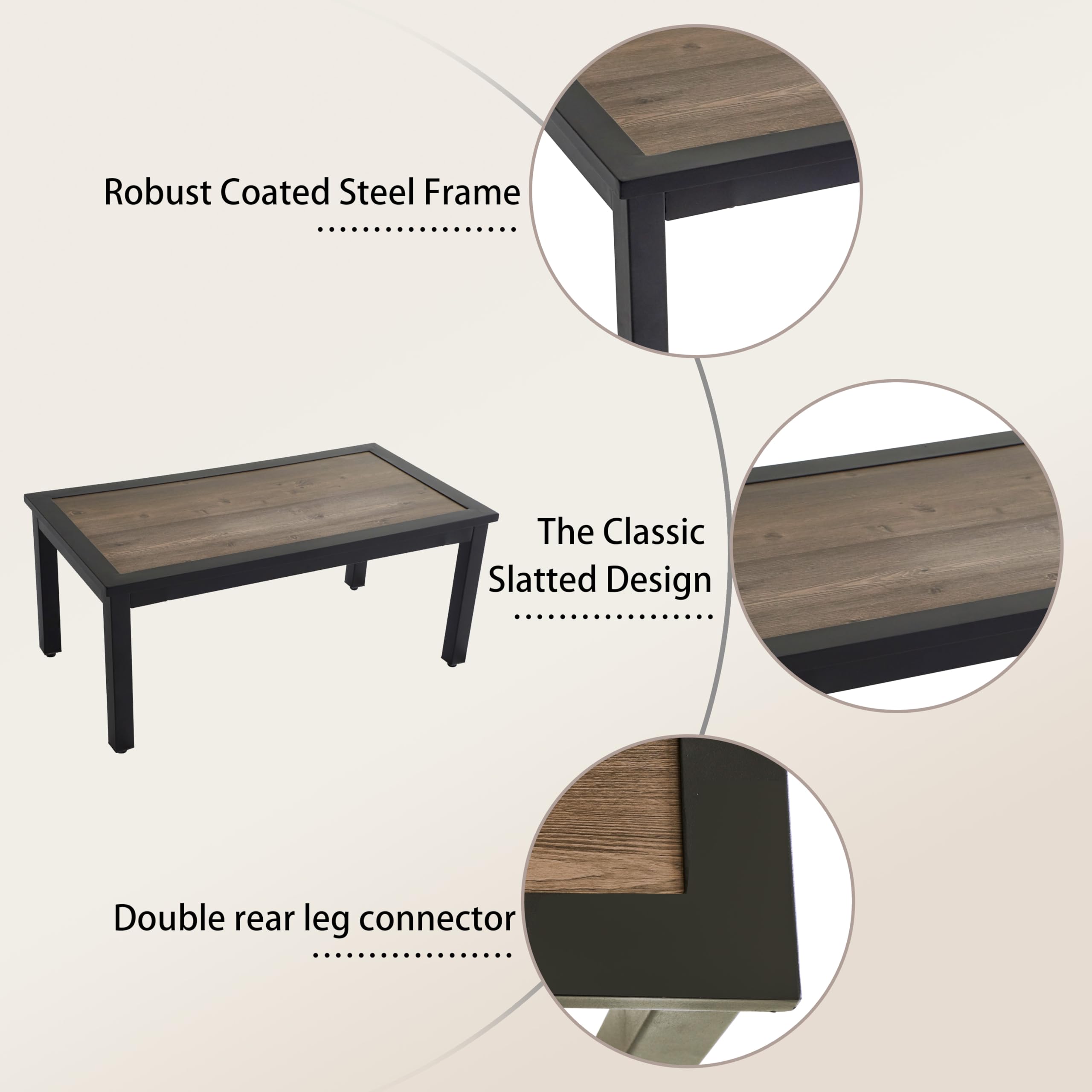 LOKATSE HOME Outdoor Rectangular Metal Coffee Table Patio Furniture with Wood Grain Top for Backyard, Deck, Lawn, Garden, Black